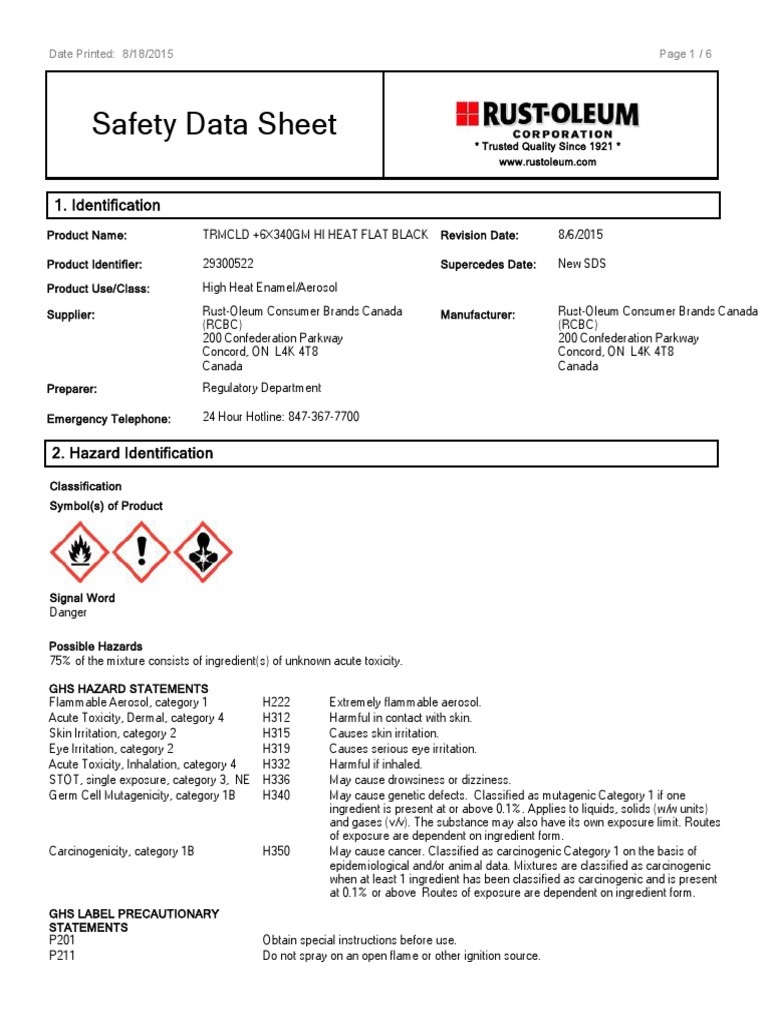 High Heat Rust Oleum SDS | PDF | Toxicity | Nickel