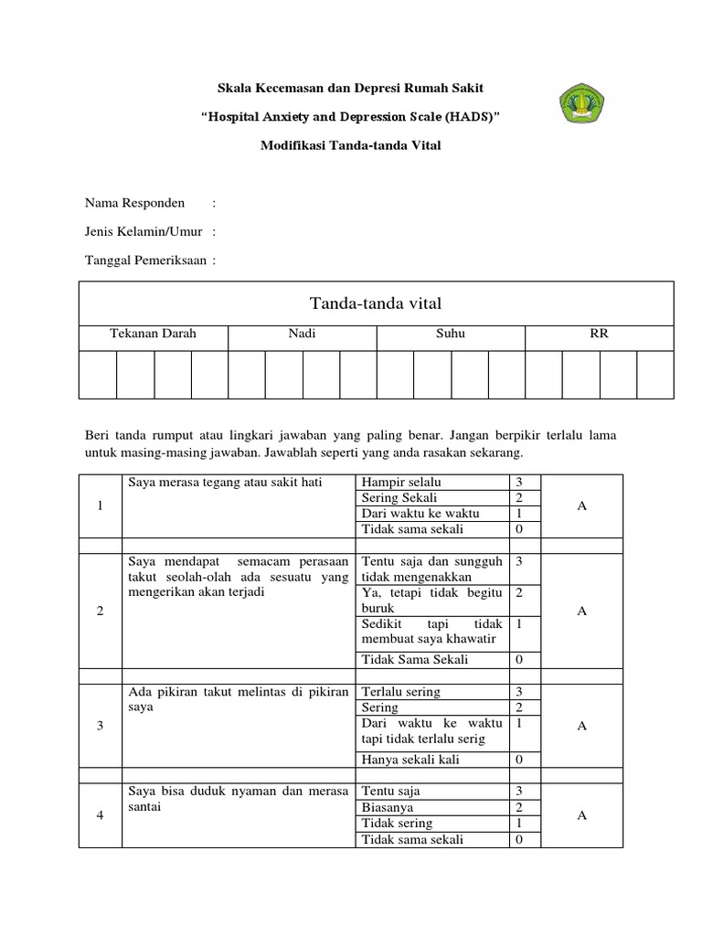 Skala HADS untuk Kecemasan dan Depresi | PDF