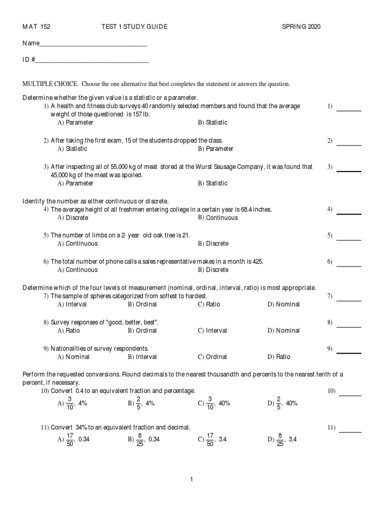 Mat 152-Test 1 Review Spring 2020 | PDF | Sampling (Statistics) | Histogram