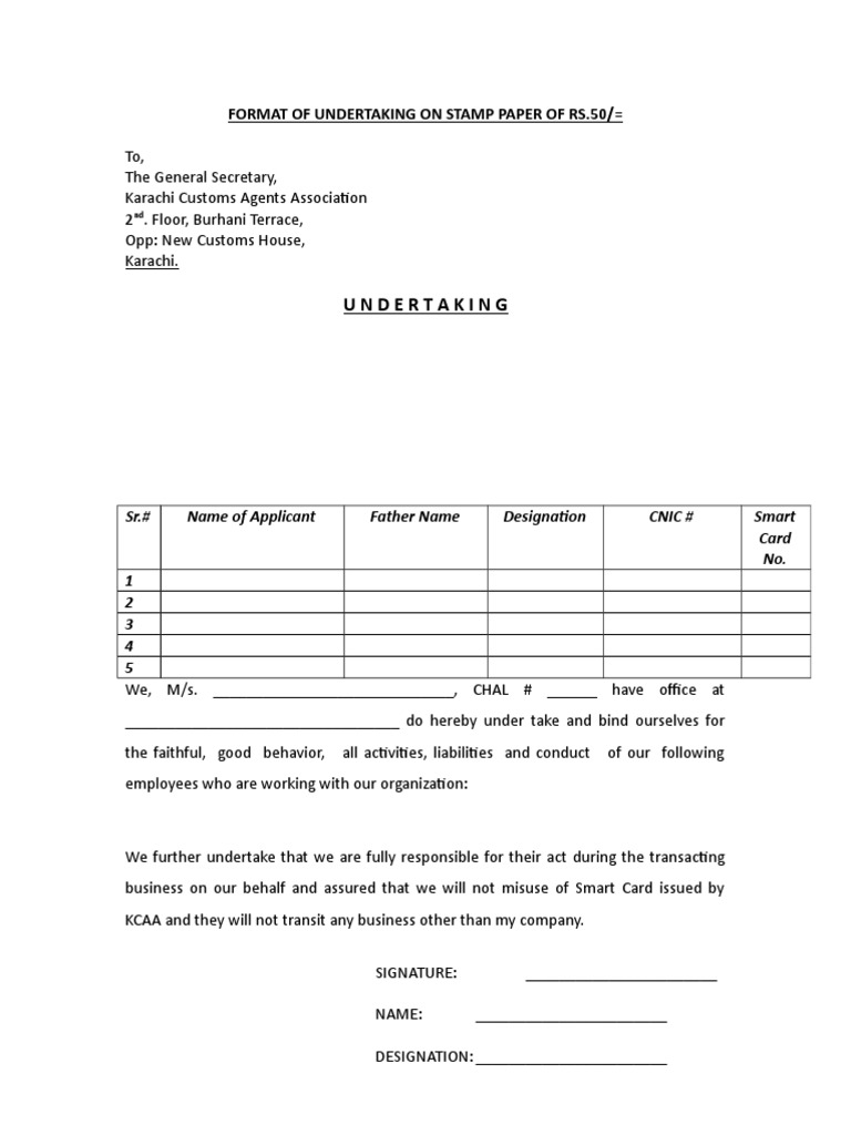 DRAFT FORMAT OF UNDERTAKING ON RS. 50 Bond Paper | PDF