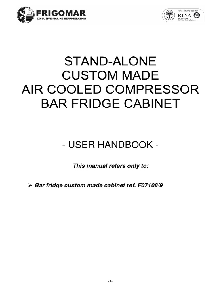 Frigomar Stand Alone Static Bar Fridge Handbook F7108-9 | PDF