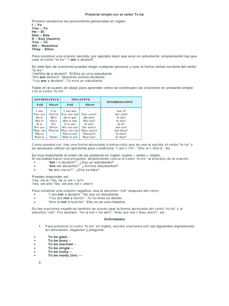 Presente Simple con el Verbo To Be | PDF