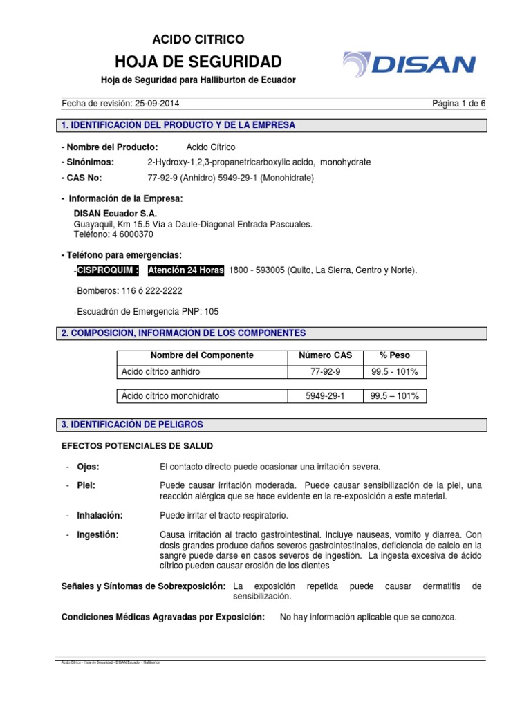Acido Citrico - Hoja de Seguridad - DISAN Ecuador - Halliburton PDF | PDF