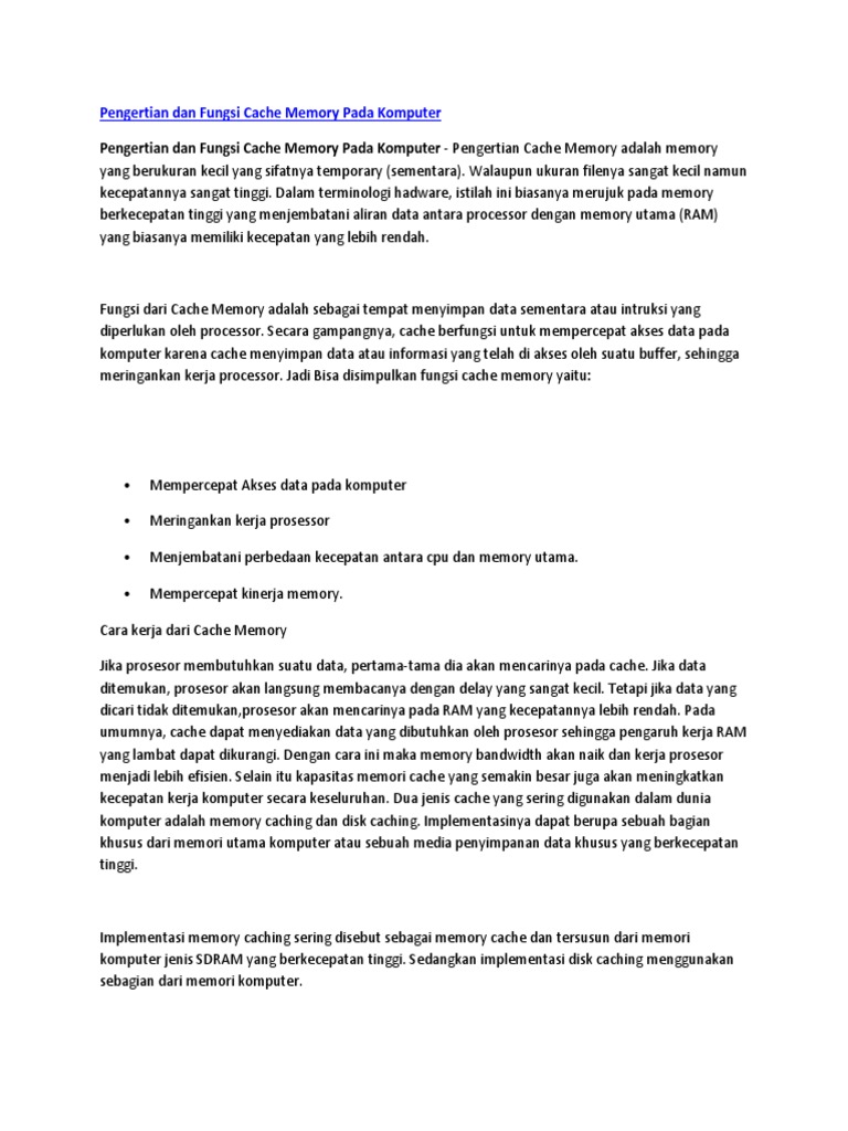 Pengertian Dan Fungsi Cache Memory Pada Komputer | PDF