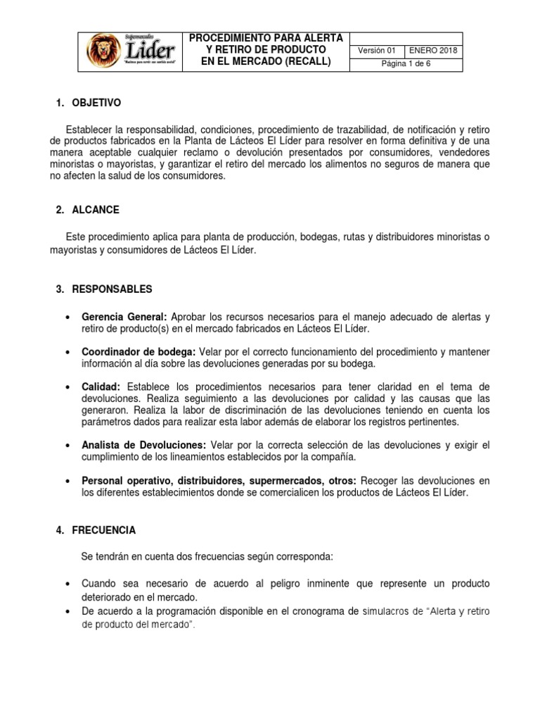 Procedimiento de Recall de Productos | PDF | Los consumidores | Mercado ...