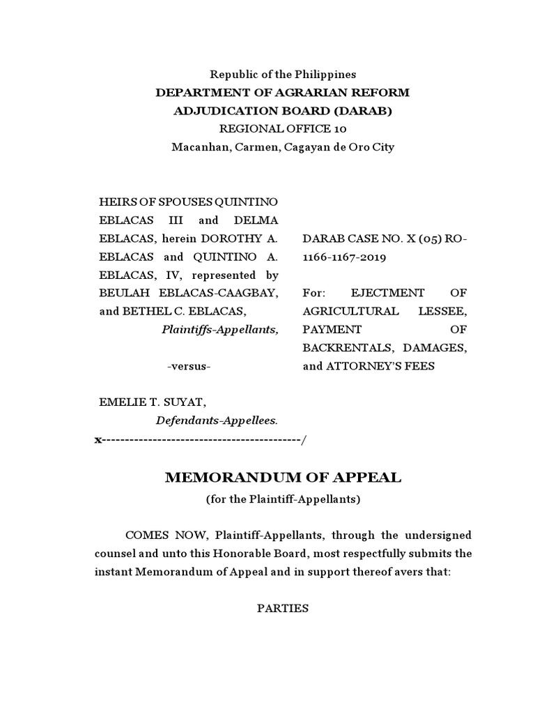 Memorandum of Appeal Dar Sample | PDF | Lease | Burden Of Proof (Law)