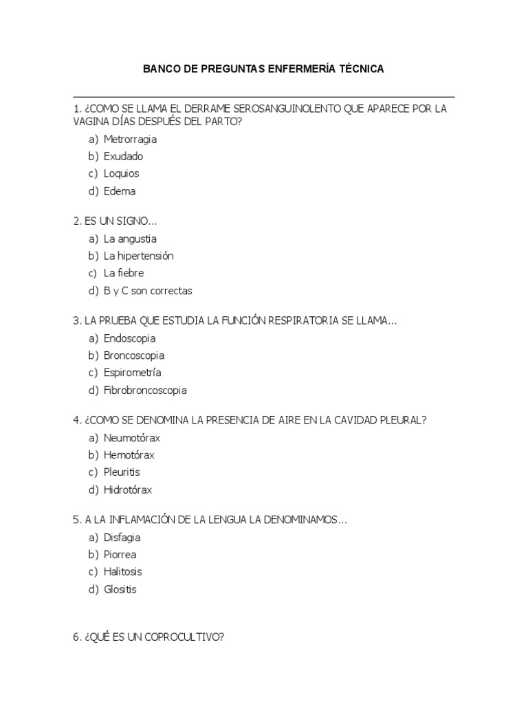 Banco de Preguntas Enfermería Técnica | PDF | Pulmón | Especialidades Medicas