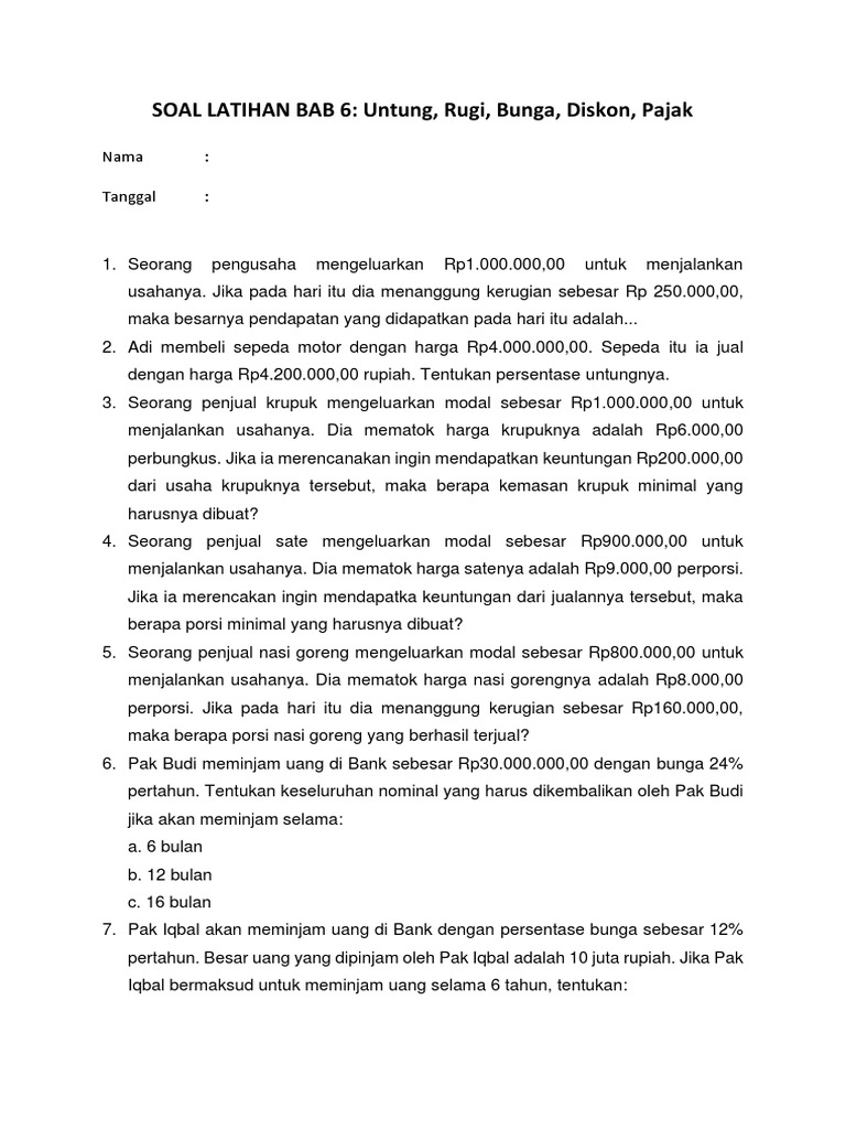 Soal Latihan Untung, Rugi, Bunga, Diskon, Pajak UMKM | PDF | Bisnis