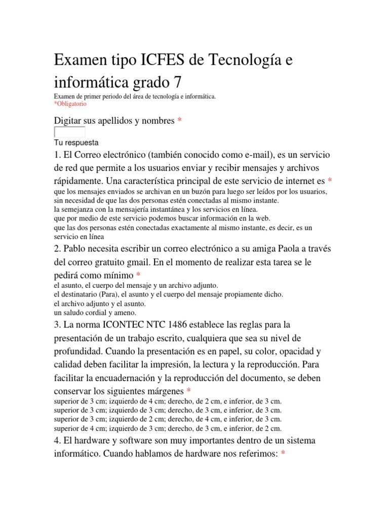 Examen Tipo ICFES de Tecnología e Informática Grado 7 | PDF | Hardware de la computadora ...