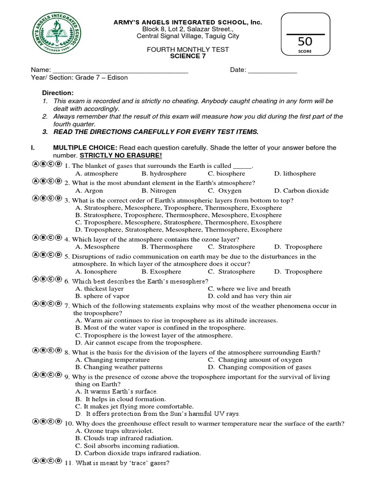 Grade 7 4th Quarter Exam | PDF | Atmosphere Of Earth | Greenhouse Effect