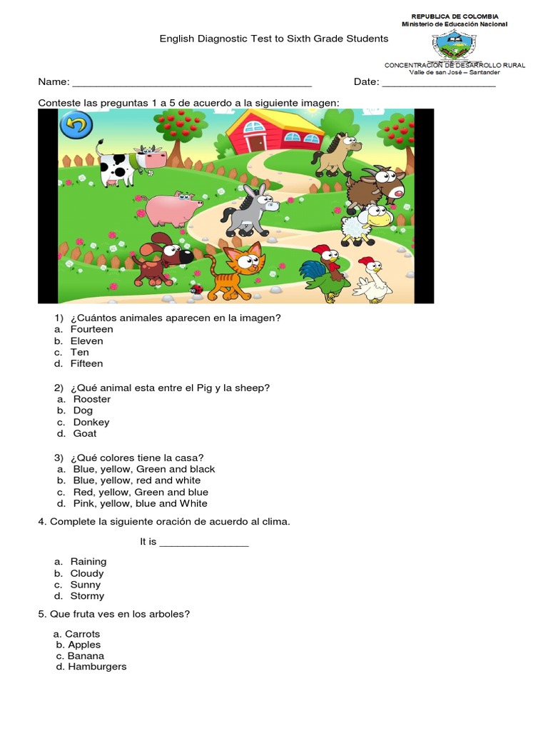 Prueba Diagnóstica de Inglés 6to Grado | PDF | Artes del Lenguaje y ...