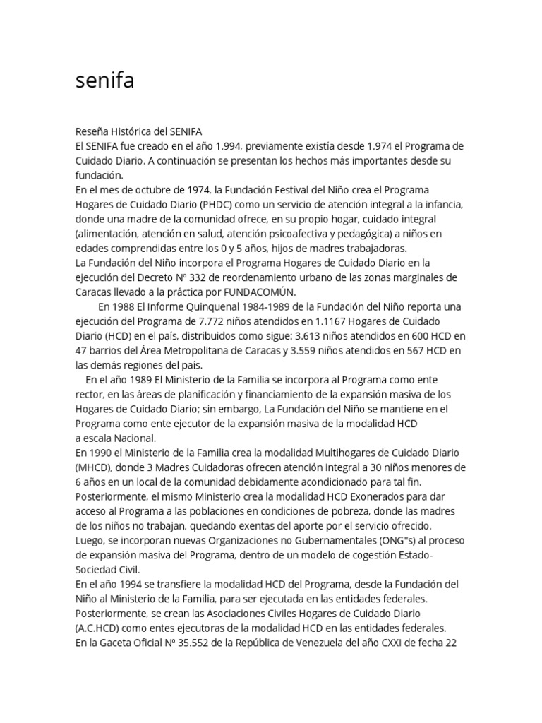 Reseña Histórica del SENIFA en Venezuela | PDF | Educación de la ...
