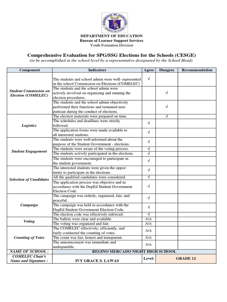 SSG Election Evaluation Checklist | PDF | Accountability | Democracy