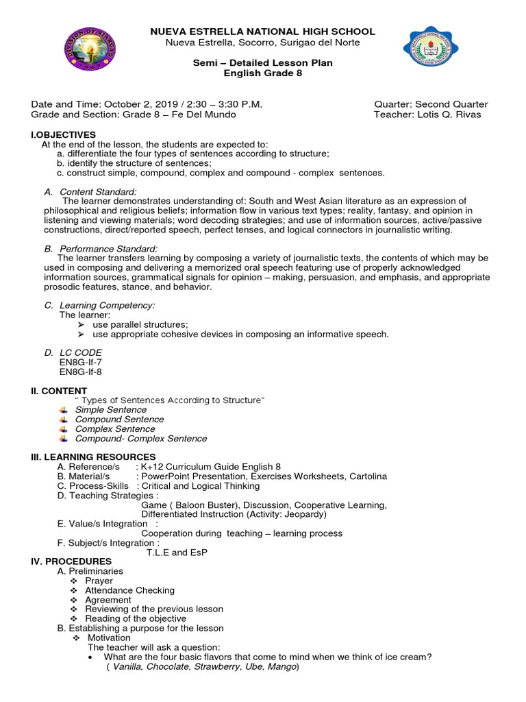 Lesson Plan (Types of Sentence Structure) For COT | PDF | Cognition ...