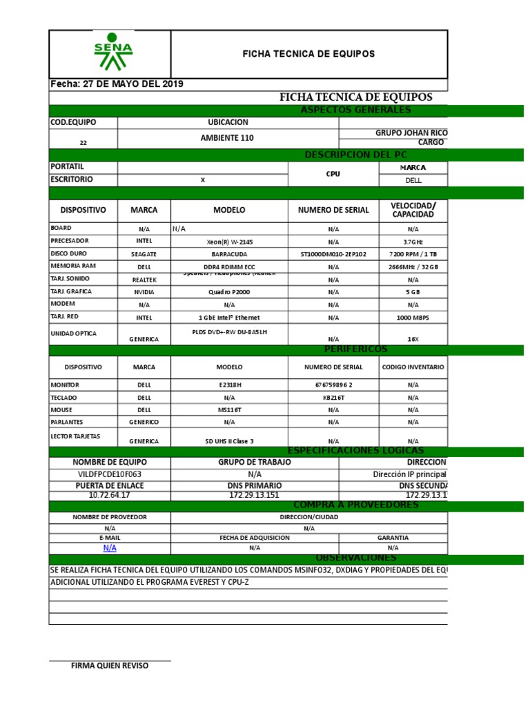 Ficha Tecnica de Equipos | PDF