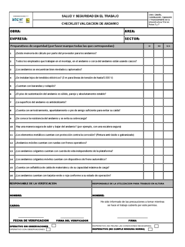 CheckList - VALIDACION DE ANDAMIO | PDF | Andamio | Naturaleza