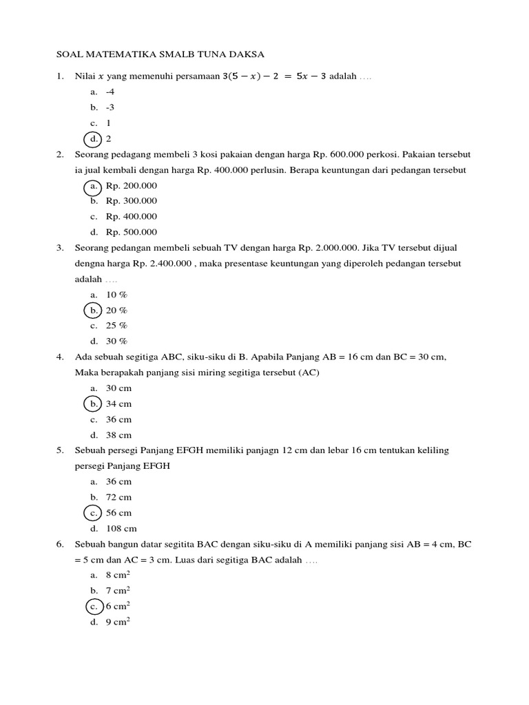 Soal Matematika Smalb Tuna Daksa | PDF