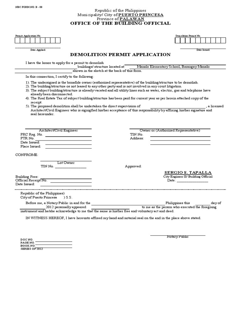 Demolition Permit Application Form | PDF | Notary Public | Common Law
