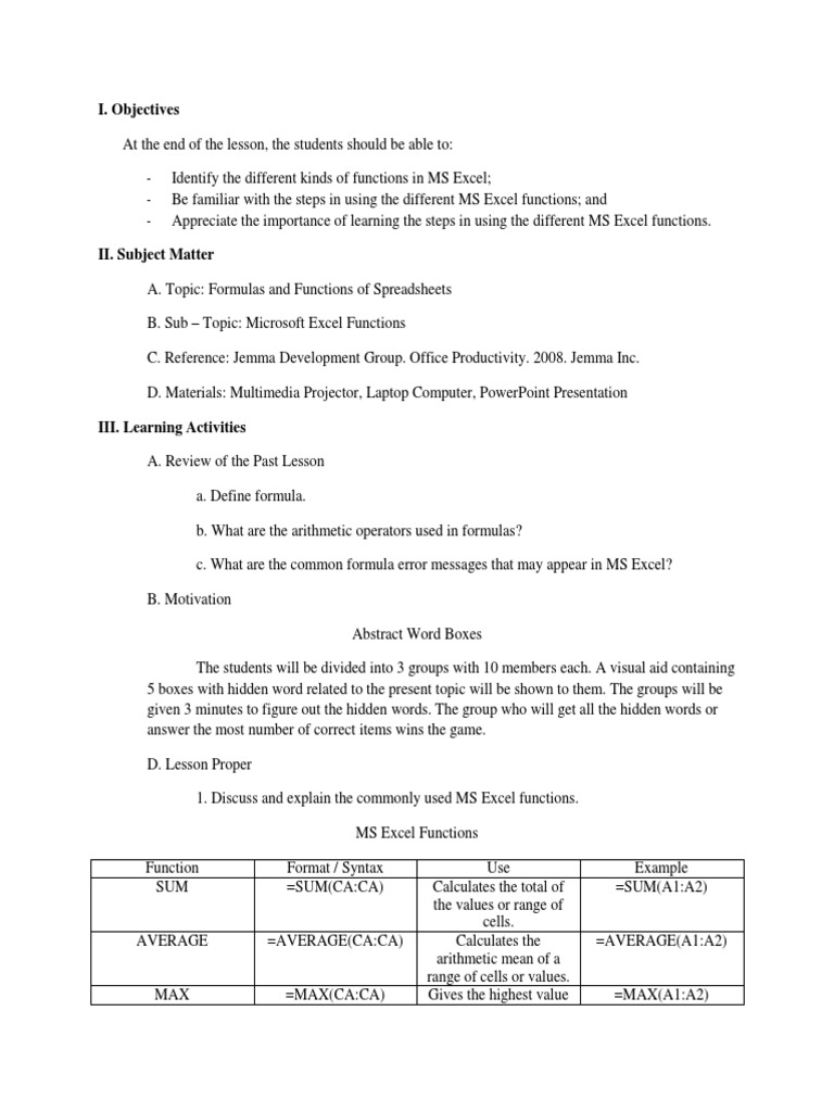 Lesson Plan Excel Functions | PDF | Spreadsheet | Microsoft Excel