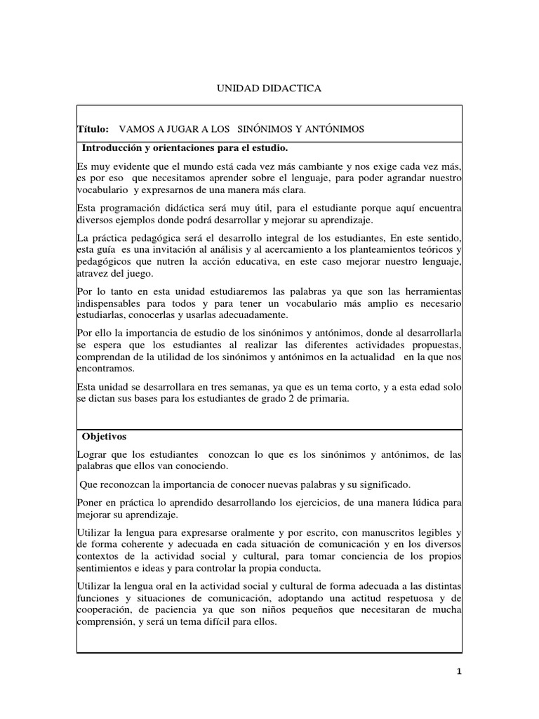 Unidad Diddactica de Sinonimos y Antonimos | PDF | Aprendizaje | Pedagogía
