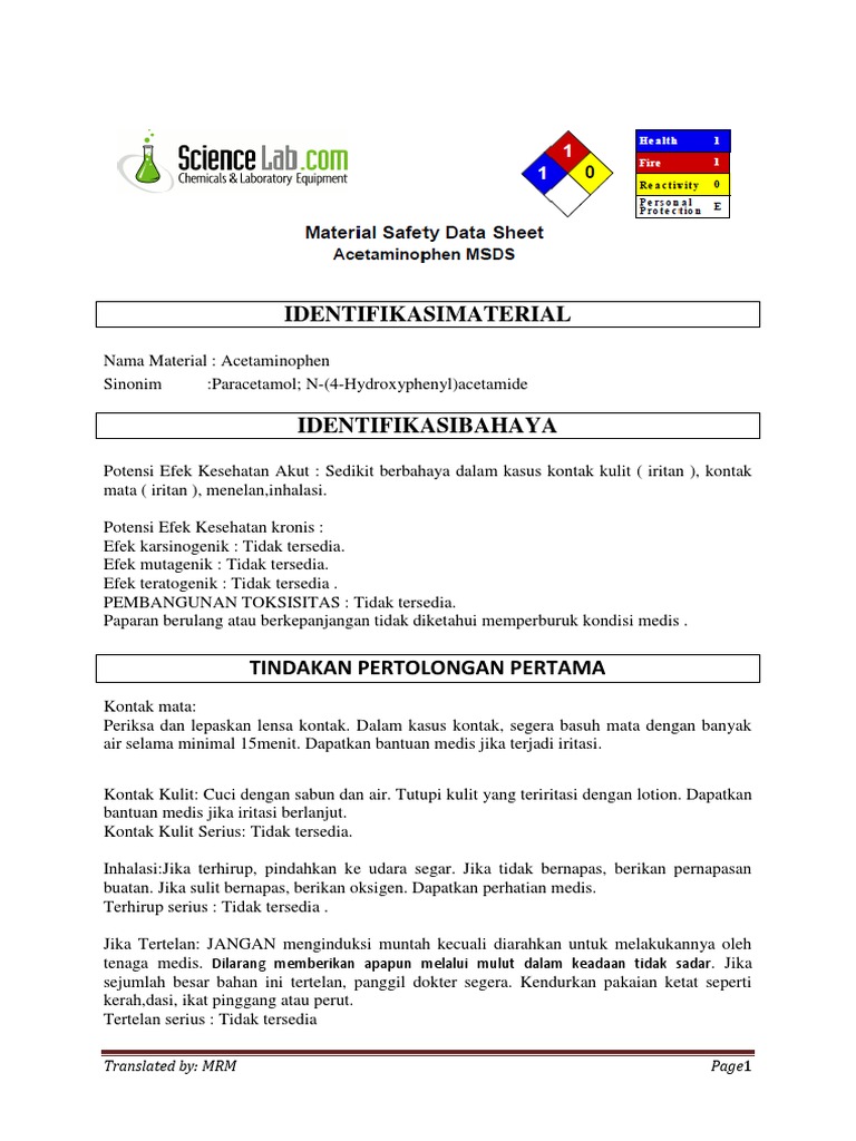 MSDS Acetaminophen Atau Paracetamol Powder | PDF