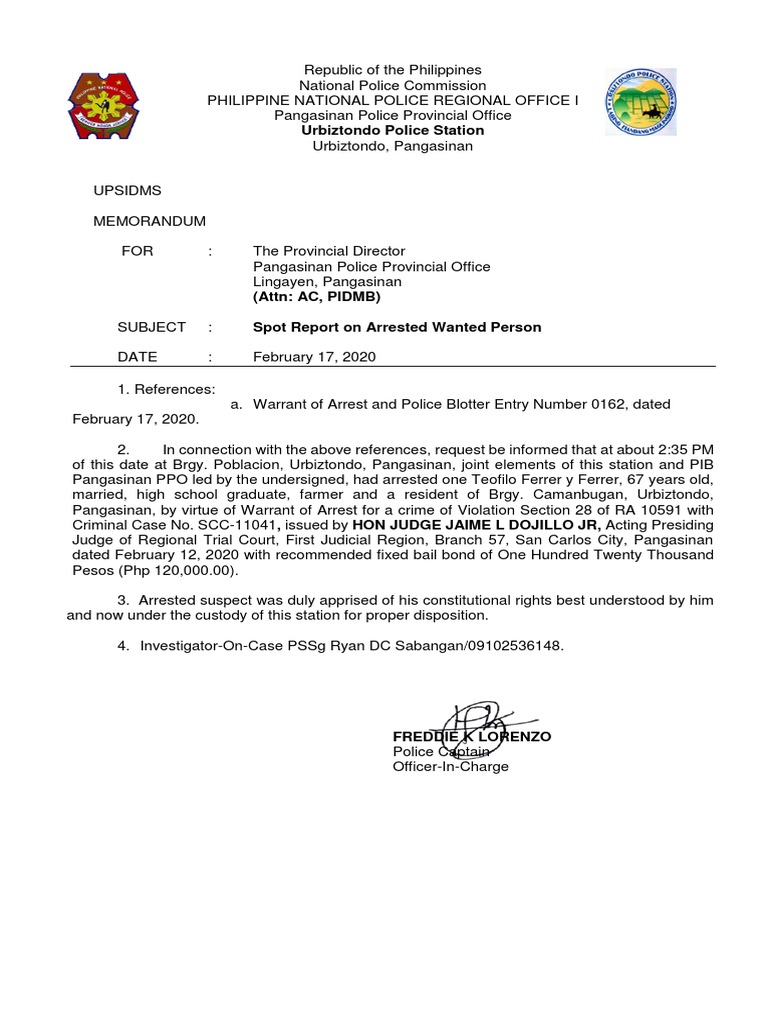 Spot Report On Arrested Wanted Person (Teofilo Ferrer) | PDF