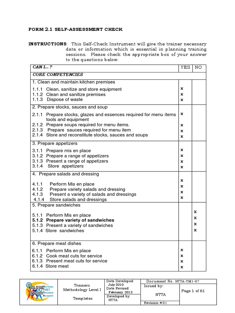 Form 2.1 Self Assessment Check | PDF | Hors D'oeuvre | Cooking