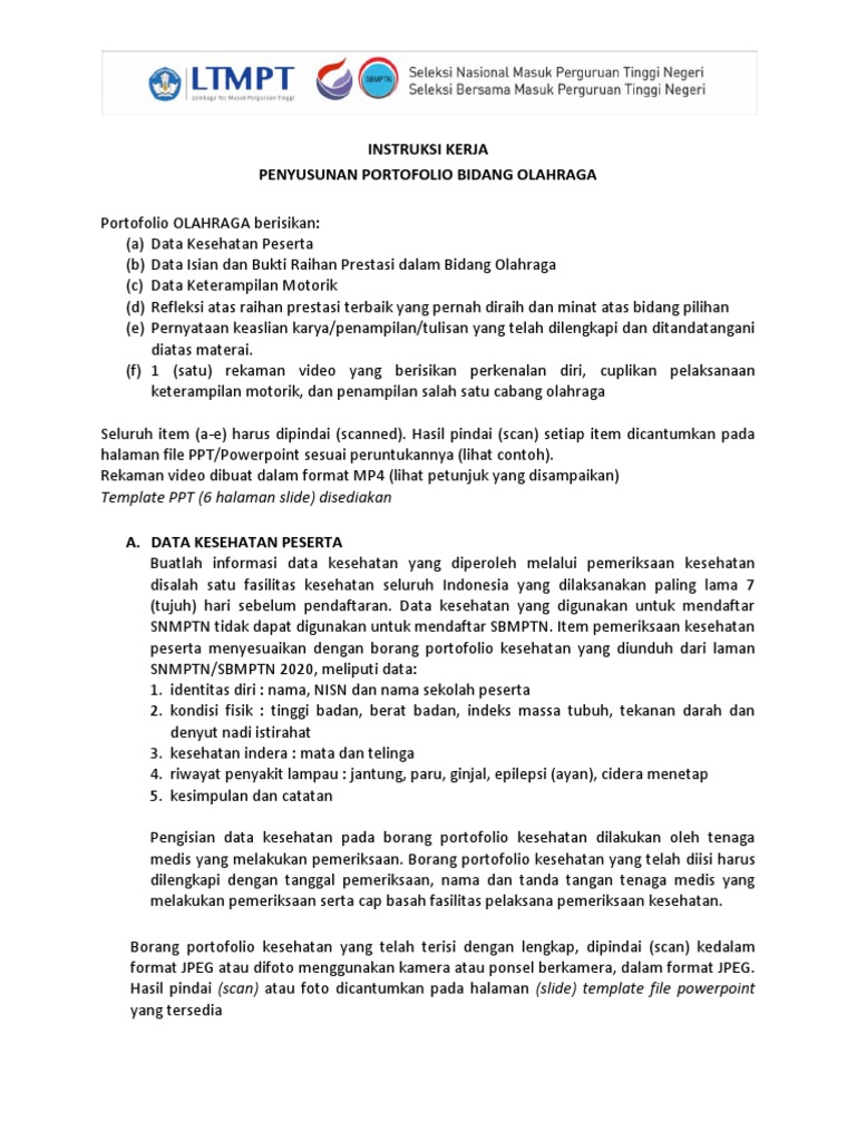 Instruksi Kerja Penyusunan Portofolio 2020 - Olahraga PDF | PDF
