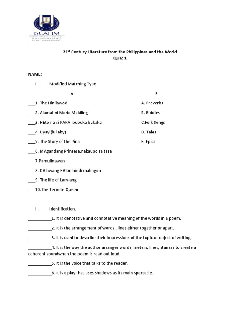 21st Century Literature From The Philippines and The World Quiz | PDF ...