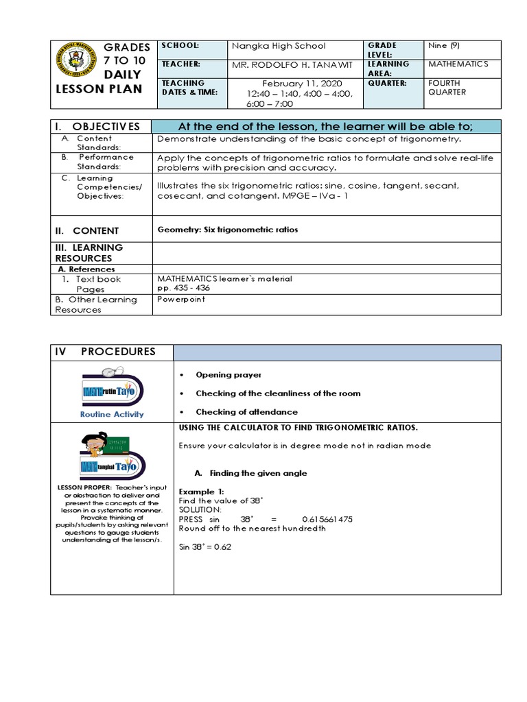 Trigonometric Ratios Lesson Plan | PDF | Trigonometric Functions | Sine