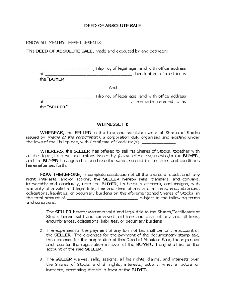 Sample Deed of Absolute Sale of Shares of Stock | PDF | Deed | Title ...