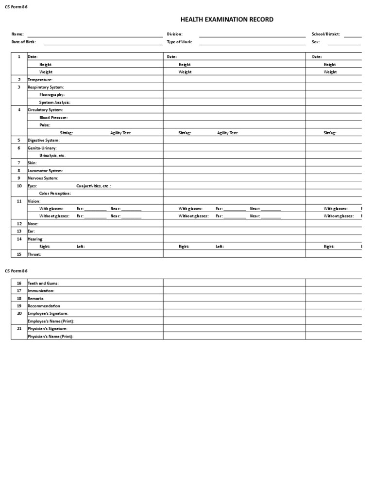Teachers' Health Examination Card (CS Form 86) | PDF | Clinical ...