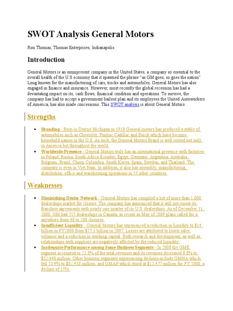 A SWOT Analysis of General Motors' Strengths, Weaknesses, Opportunities, and Threats amid the ...