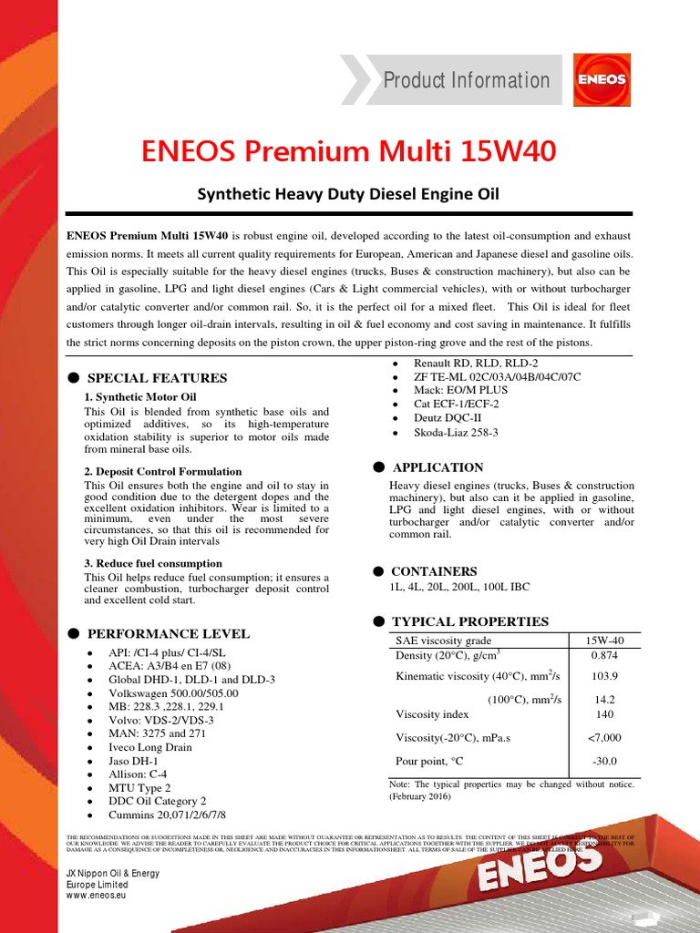 Eneos Premium Multi 15W40 PDS | PDF | Motor Oil | Diesel Engine