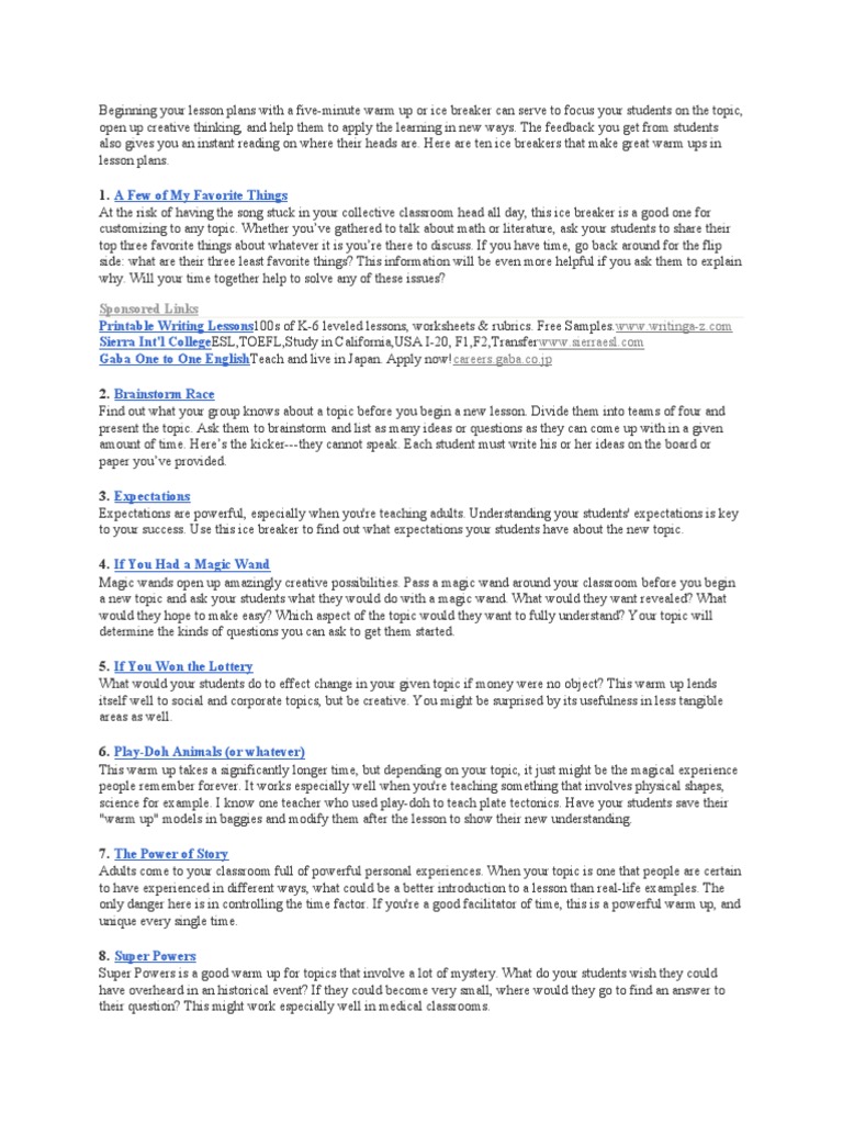 Beginning Your Lesson Plans With A Five | PDF | Lesson Plan | Classroom