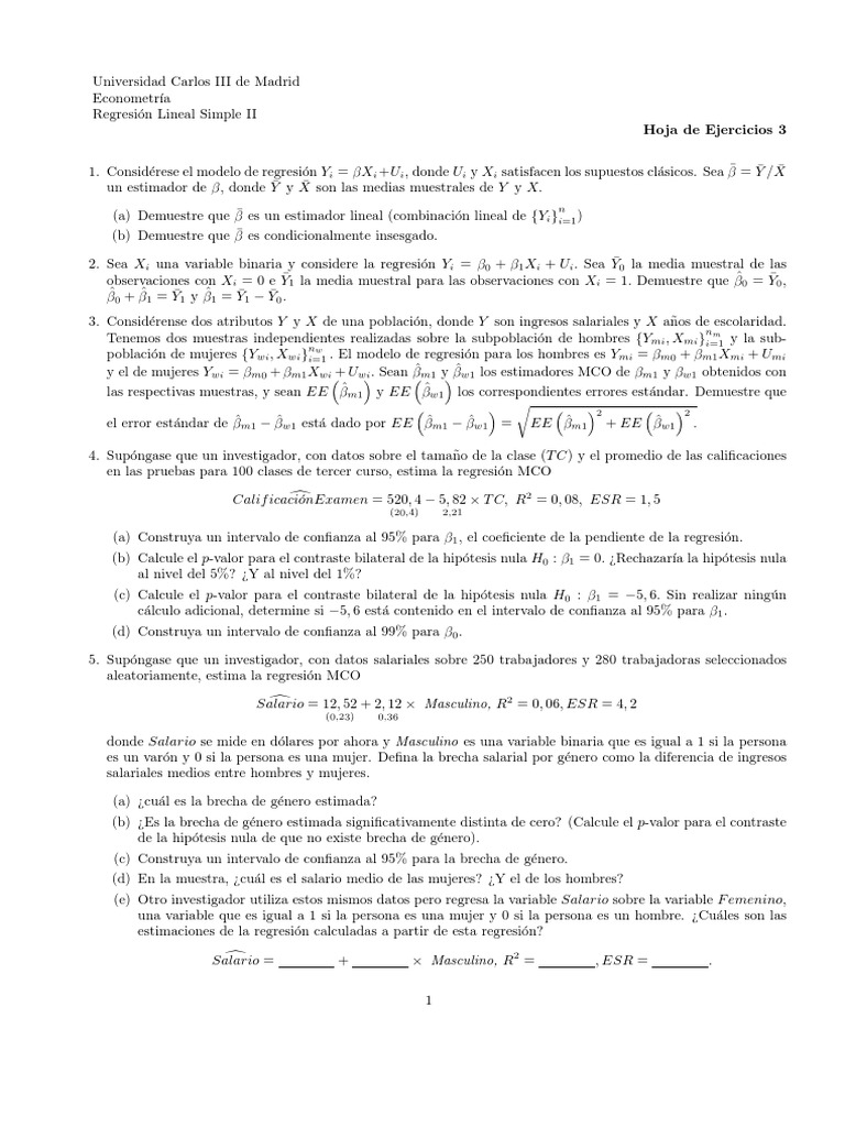 Ejercicios de Econometría UC3M | PDF | Intervalo de confianza | Análisis de regresión
