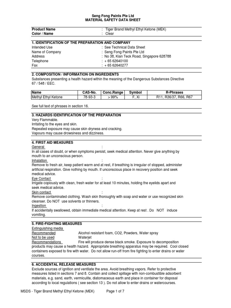Tiger MEK MSDS | Download Free PDF | Firefighting | Solvent