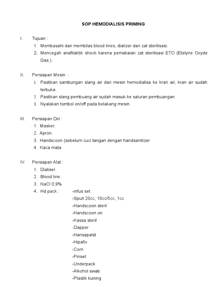 SOP Priming Hemodialisis Kelompok 1 | PDF