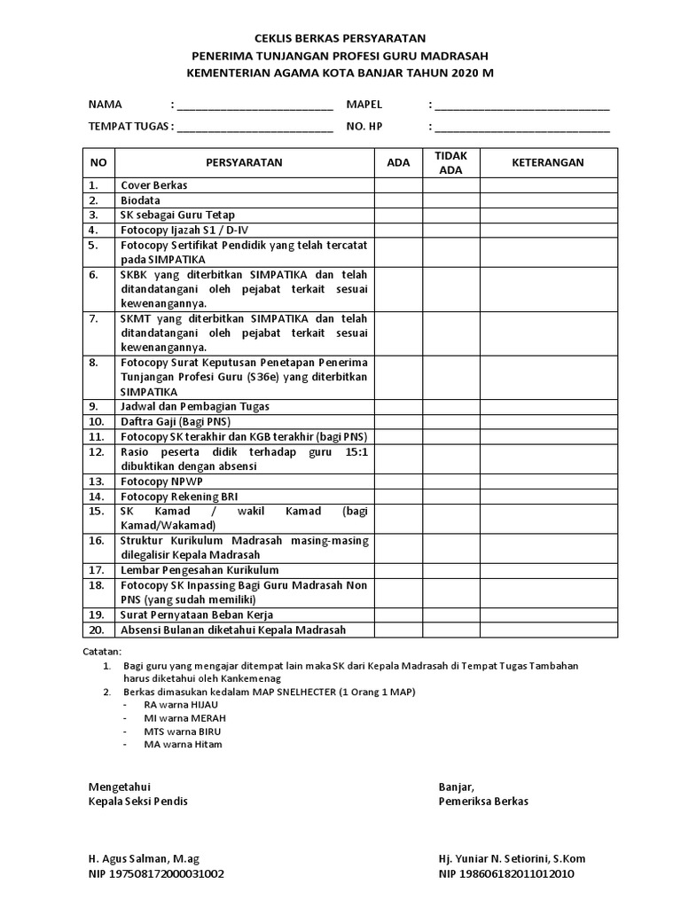 Ceklis Berkas Persyaratan TPG TH 2020 | PDF