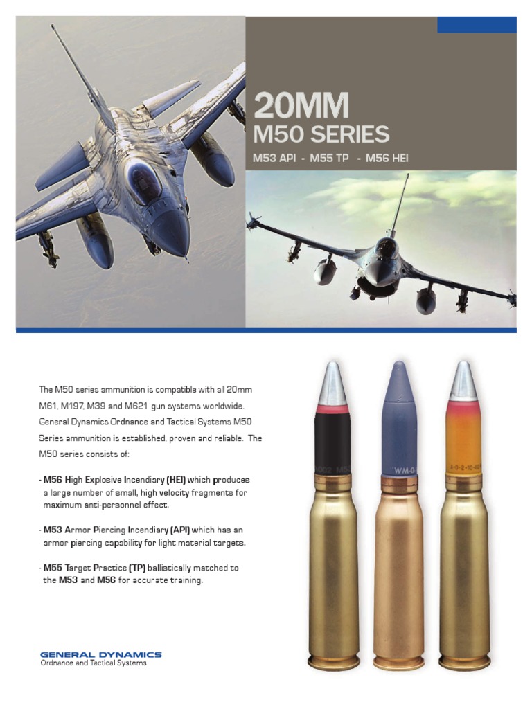 20mm M50 Series Ammunition: M53 API, M56 HEI, and M55 TP Cartridges for ...