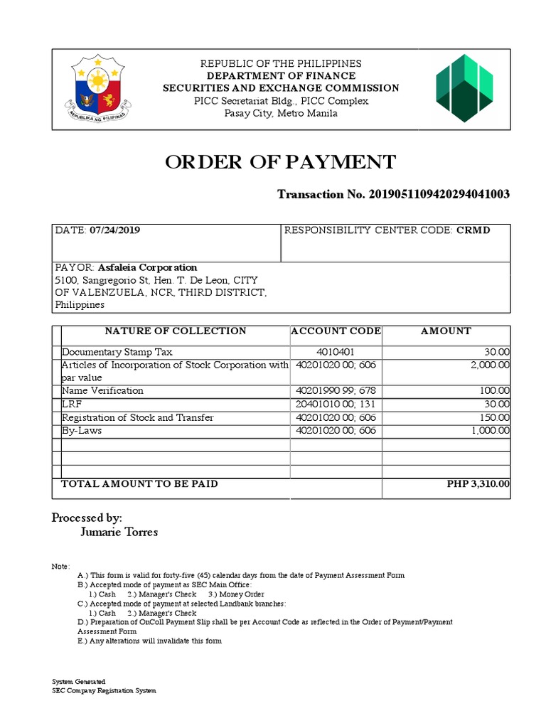 SEC Order of Payment Sample Form | PDF | Finance & Money Management