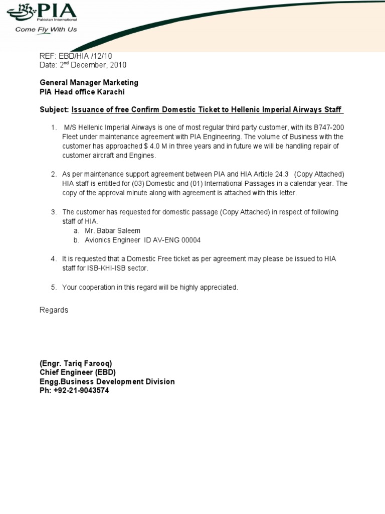 Hia Staff Ticket From Pia | PDF