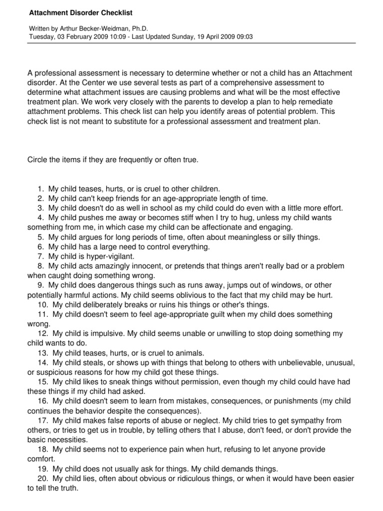 Attachment Disorder Checklist | PDF | Psychological Concepts ...
