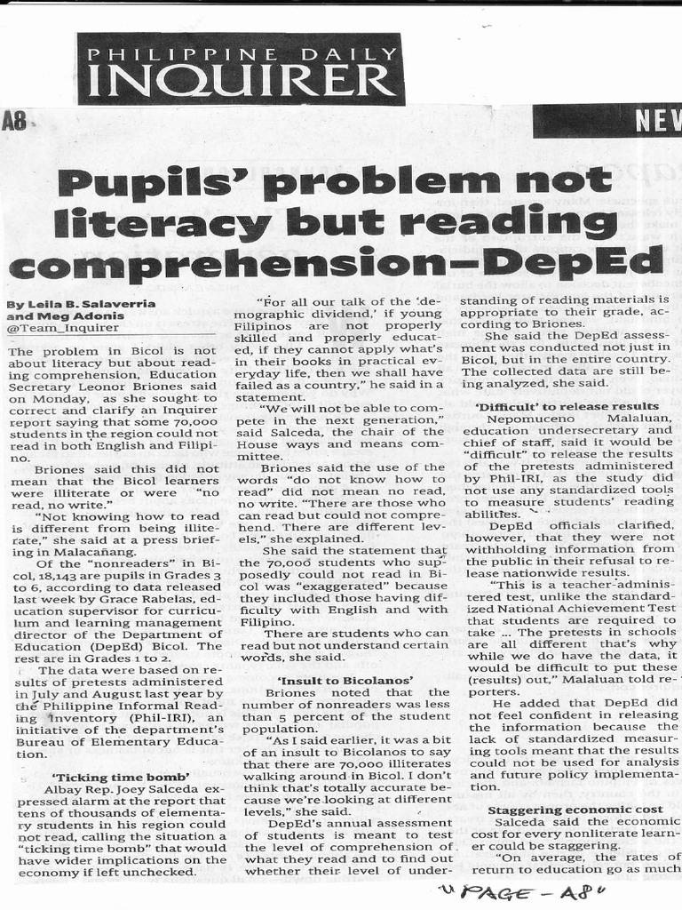 Philippine Daily Inquirer, Feb. 18, 2020, Pupils Problem Not Literacy ...