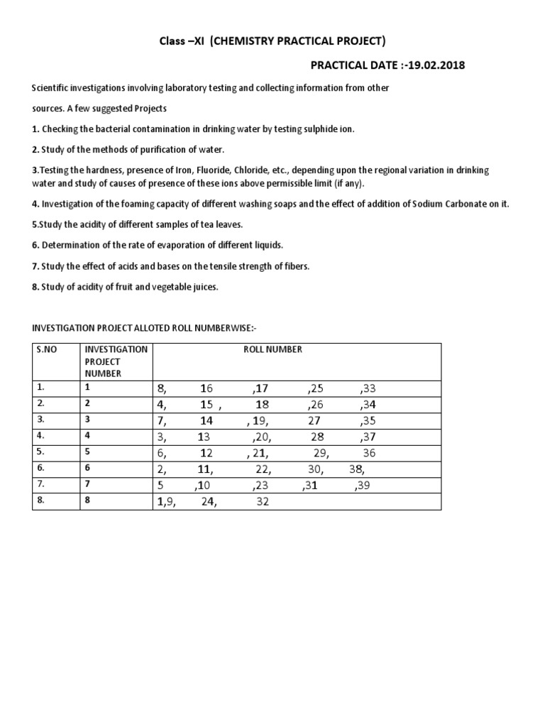 Class XI Chemistry Practical Projects | PDF