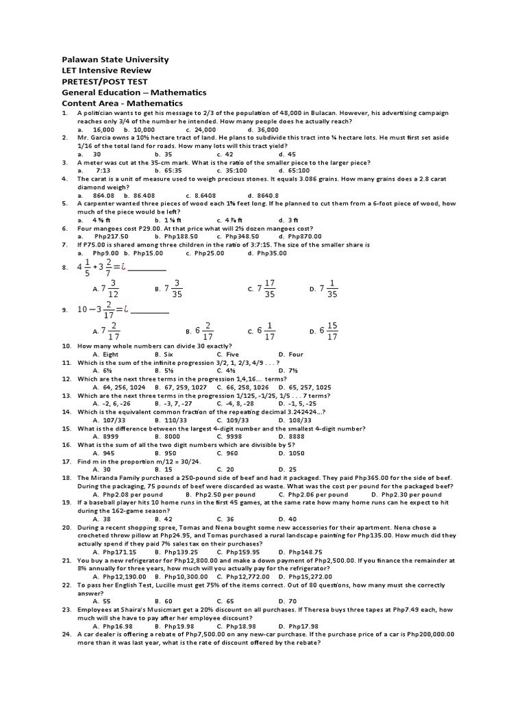 Gen Ed Math LET Reviewer with Answers | PDF | Mathematics | Behavior ...