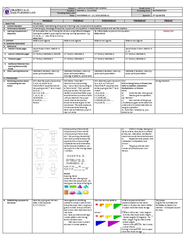 Grade 6 Math Lesson Plan: Patterns & Algebra | PDF
