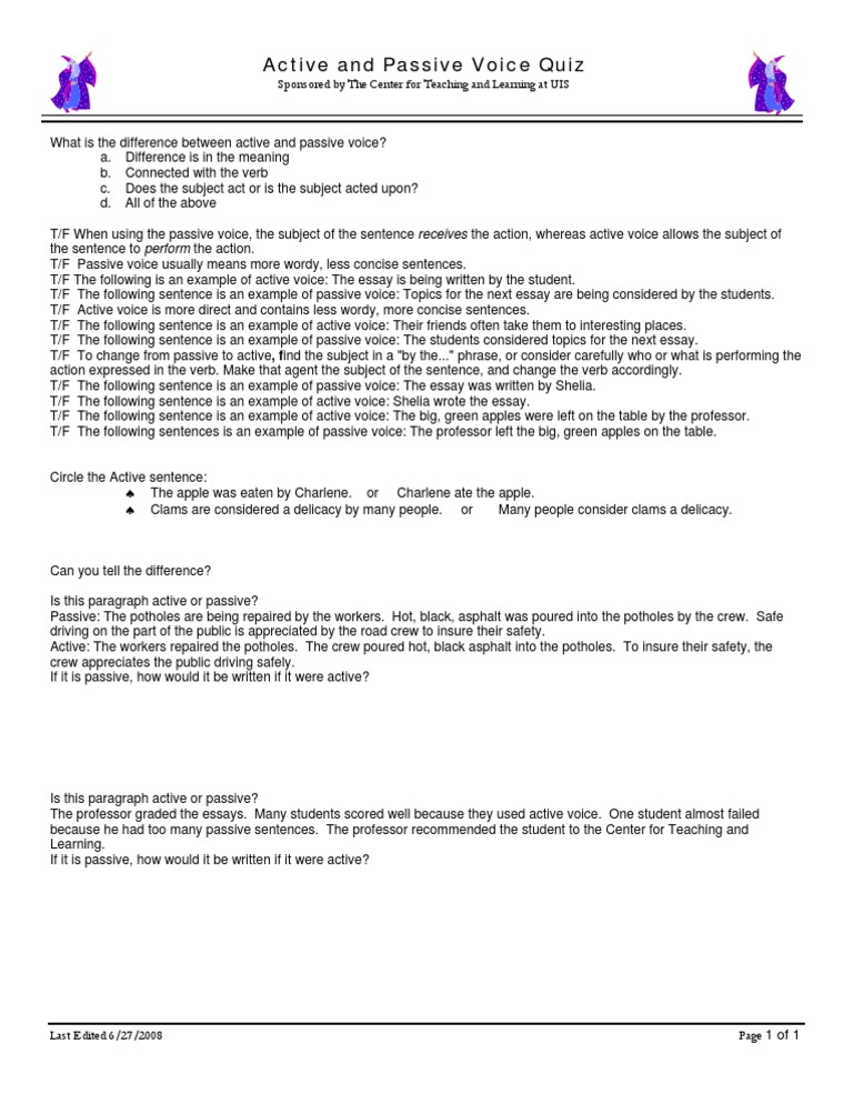 Active and Passive Voice Quiz | PDF | Subject (Grammar) | Sentence ...
