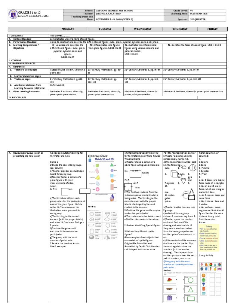 Grade 6 Math Lesson Plan: Solid Figures | PDF