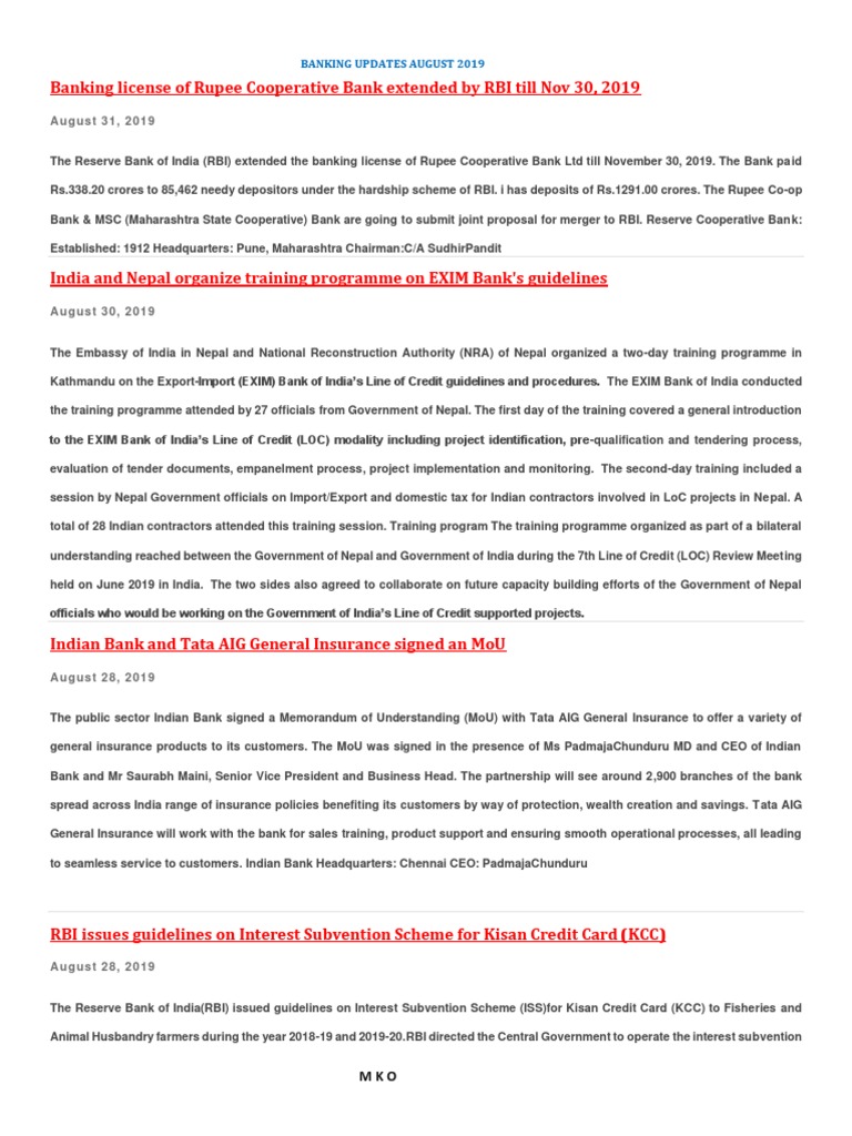 Banking Updates For Aug 2019 | PDF | Finance & Money Management